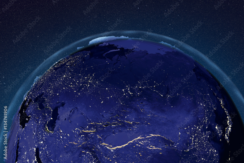 Planet Earth from space showing Russia in night with enhanced bump, 3D ...