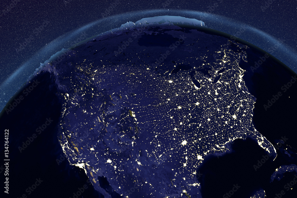 Planet Earth from space showing USA and Canada in night with enhanced ...