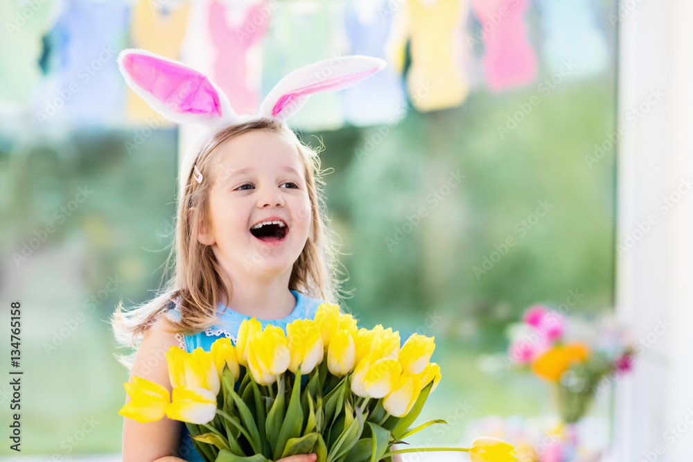 Poster Little girl in bunny ears on Easter egg hunt – Wall Art | UkPosters