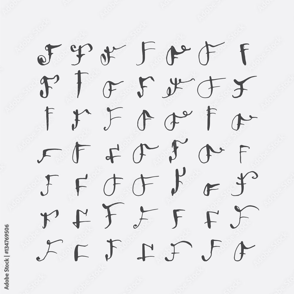 Vector set of calligraphic letters F, handwritten with pointed nib ...