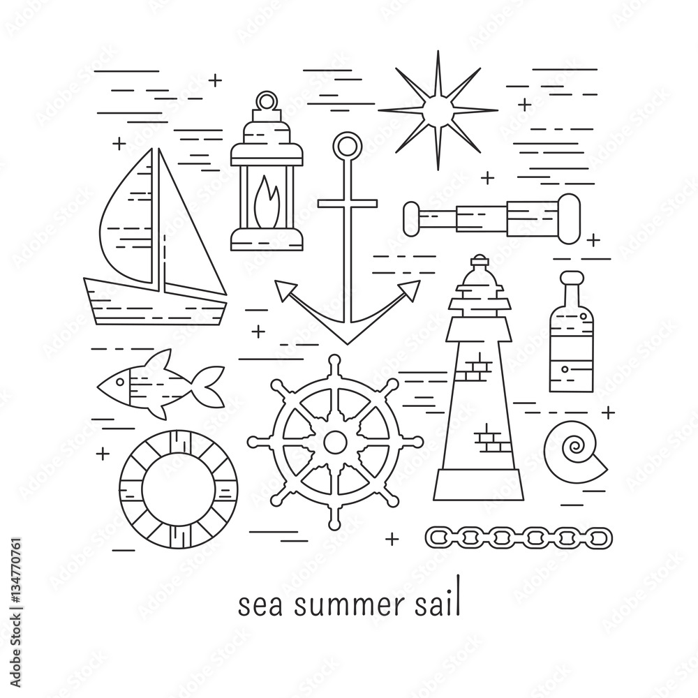 Sea journey travel ocean sailing thin line art symbols vector set Stock ...