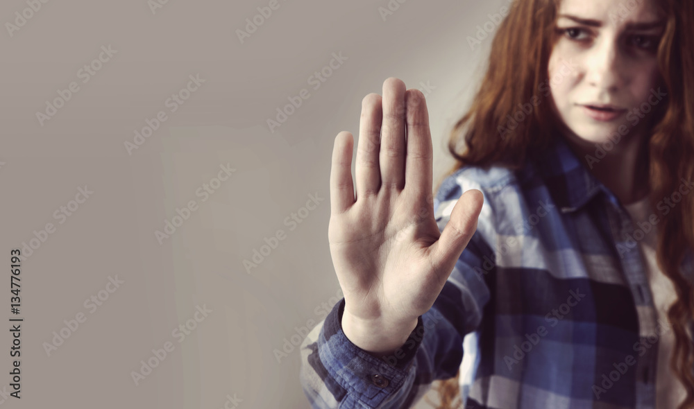 Girl showing stop hand sign gesture (Body language, gestures, ps Stock ...