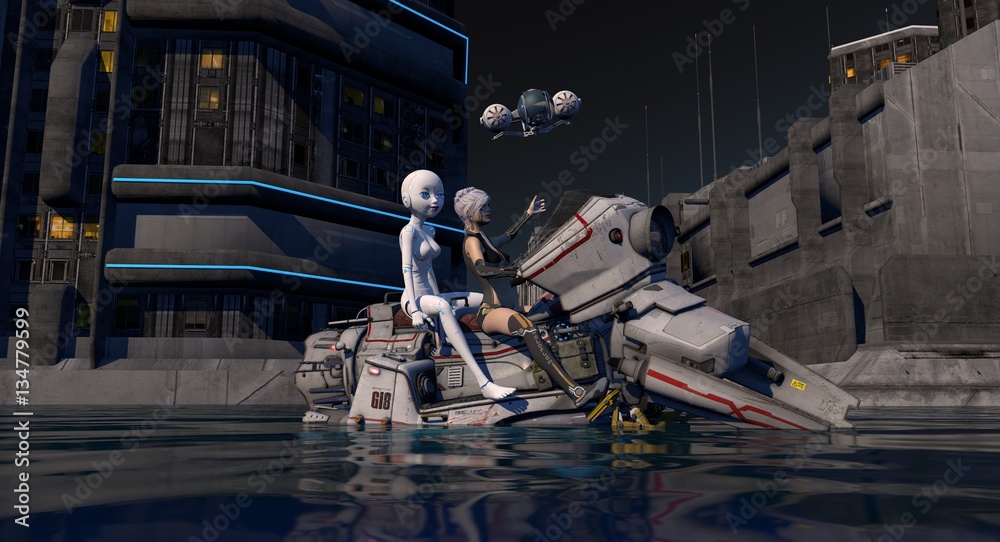 Alien Water-Bike Riders on a Futuristic City On A Faraway Planet 3D ...