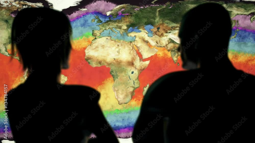 Woman and Man Watching Earth Water Surface Global Warming Simulation Cinematic Rack Focus 3D ...