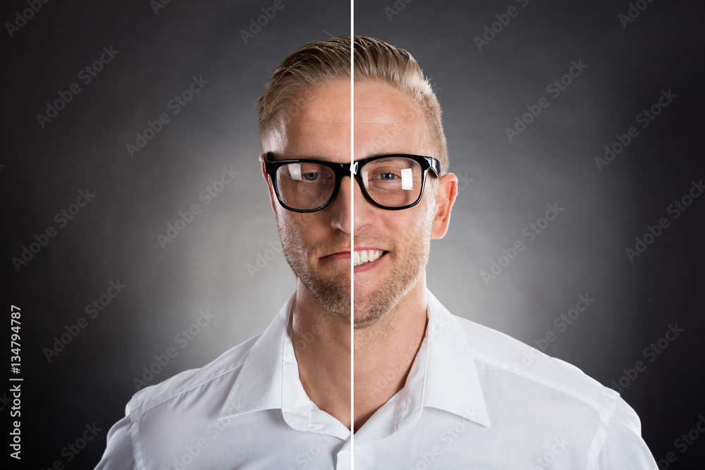 Man's Face Showing Happy And Sad Emotions Stock Photo | Adobe Stock