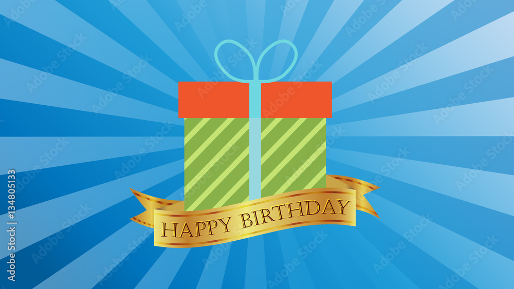 Happy Birthday banner and Gift box on sky blue sunburst background ...