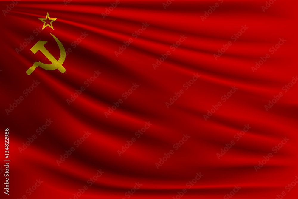 The national flag of the USSR. The symbol of the state on wavy silk ...