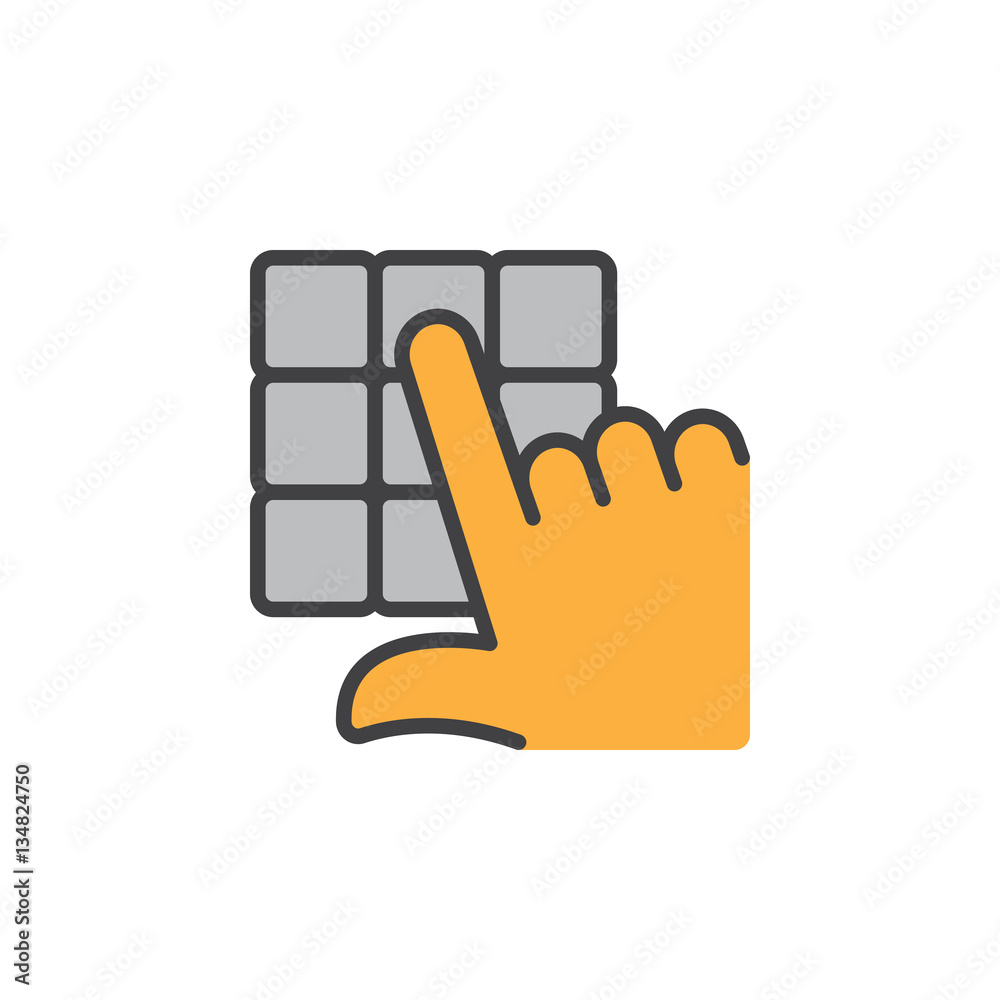 Hand and pin pad line icon, filled outline vector sign, linear colorful ...