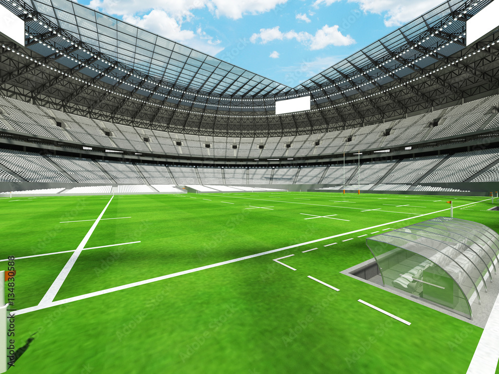3D render of a round rugby stadium with white seats and VIP boxes ...