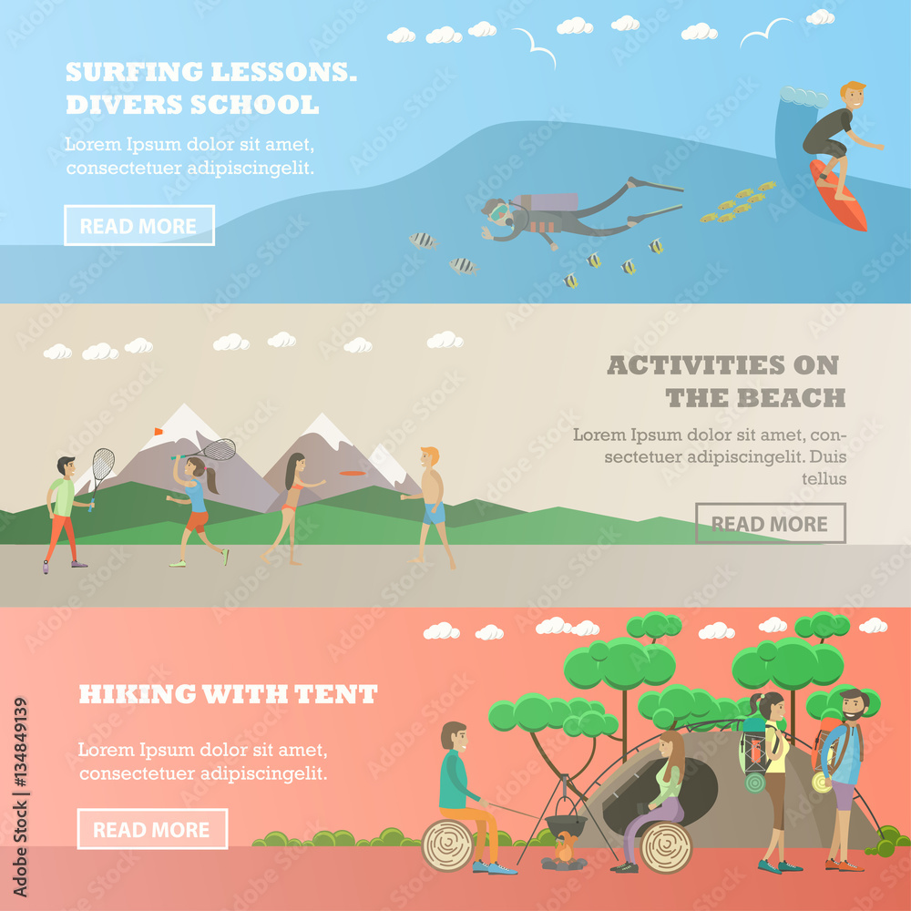 Vector set of water sports, outdoor activity concept horizontal banners ...
