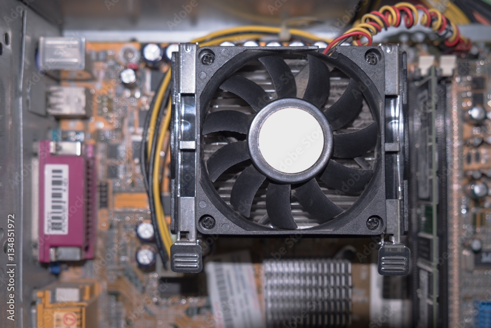 Circuits board / View of fan cooling on circuits board. Top view. Stock ...