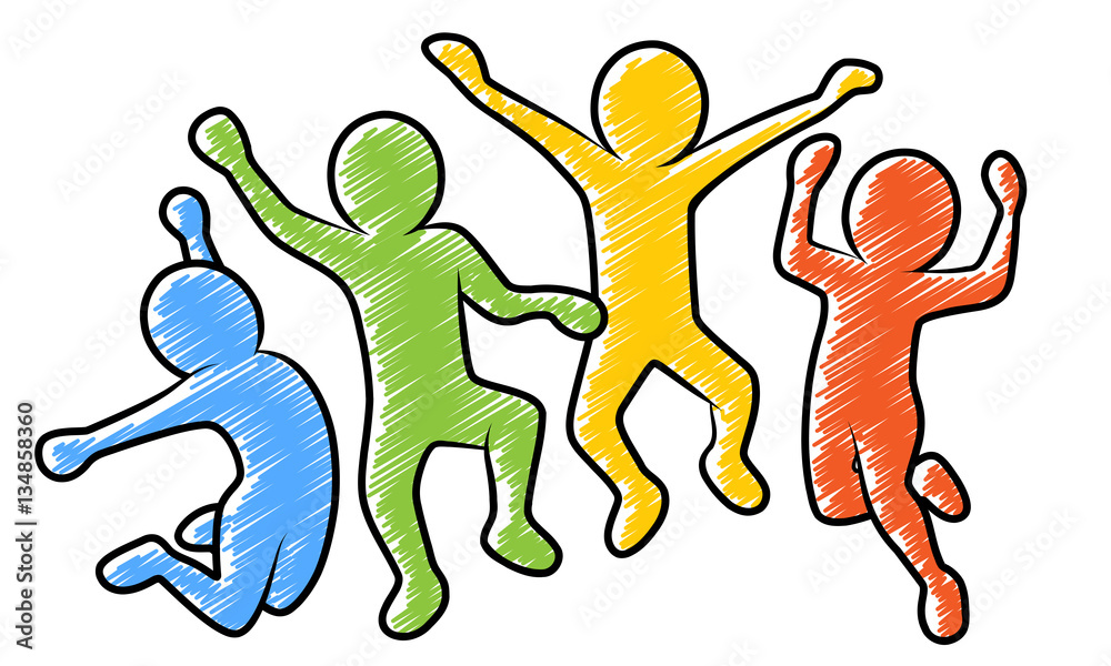 Farbige Strichmännchen beim Freudensprung / Vektor, schraffiert ...