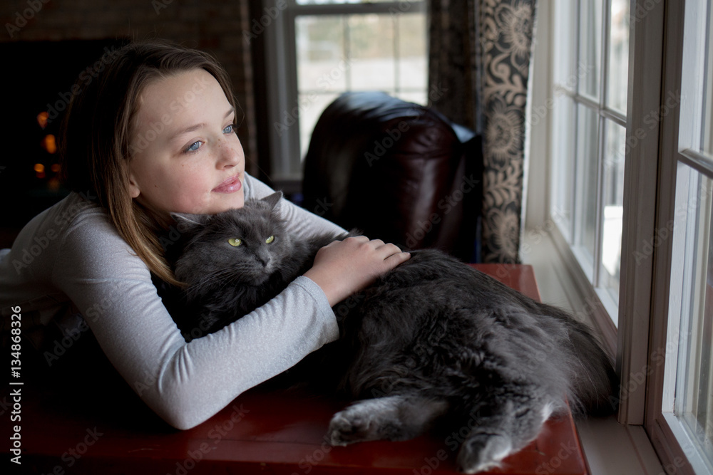 Girl and cat cuddling, looking through window Stock Photo | Adobe Stock