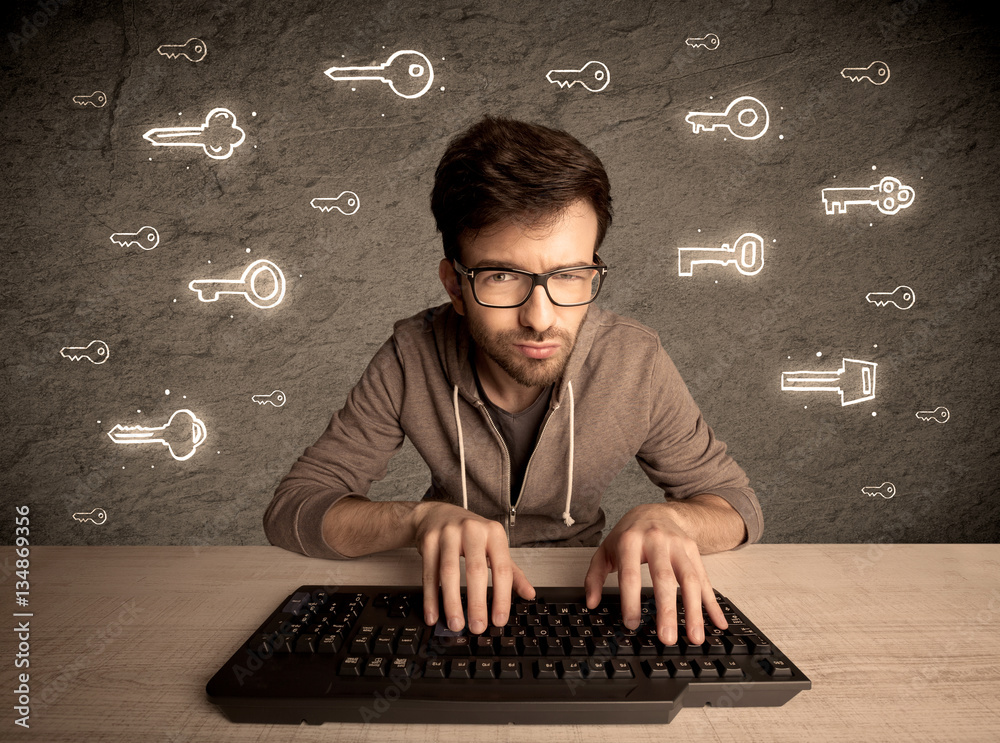 Hacker Nerd Guy With Drawn Password Keys Stock Foto Adobe Stock