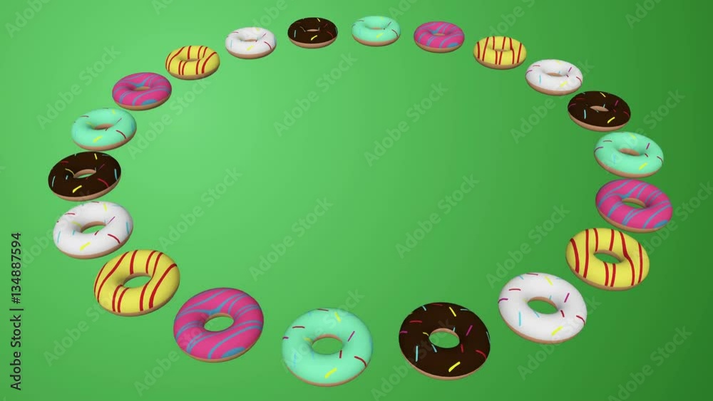 Rotation of 3d ring of colorful donuts over green screen, food ...
