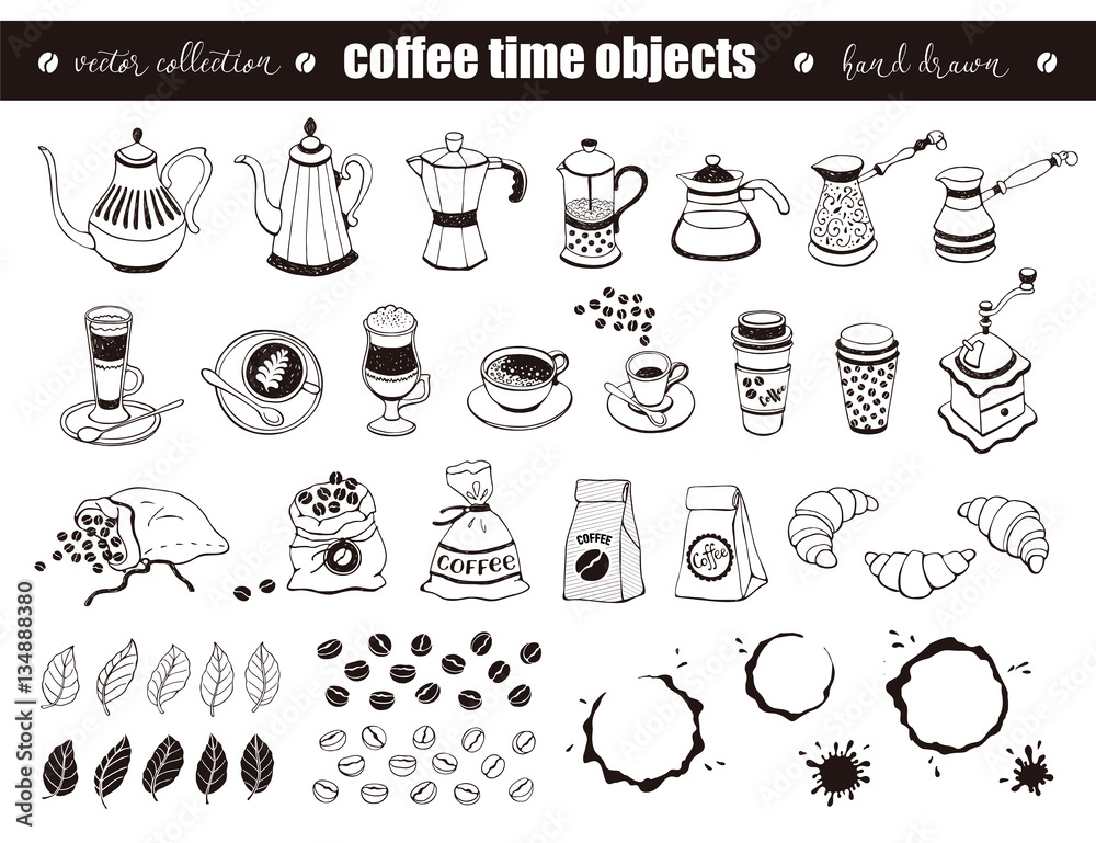 Hand drawn coffee time objects collection. Doodle coffee pots, cups and ...