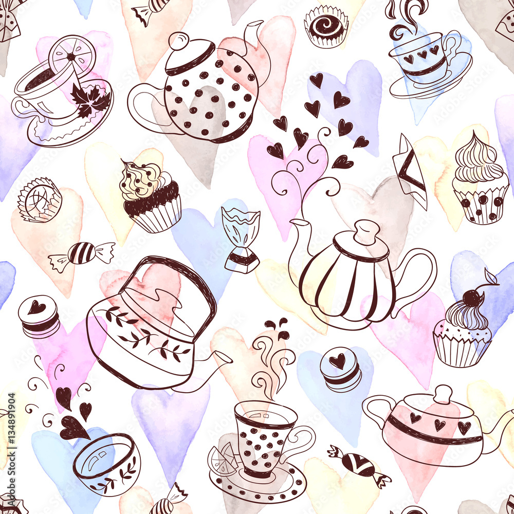 Tea time seamless pattern. Tea party background design. Hand drawn doodle illustration with ...