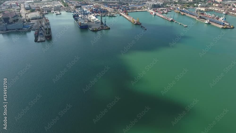 Industrial seaport, top view. Port cranes and cargo ships and barges ...