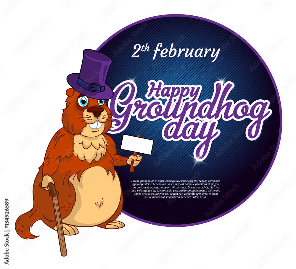 Cartoon Old Groundhog in a hat with a cane and a sign for text. Vector ...