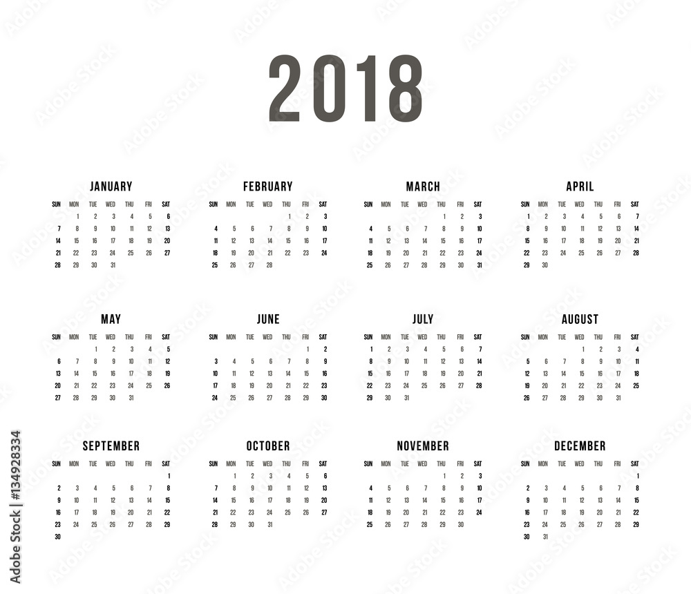 Calendar 2018 On White Background. Week Starts Sunday. Simple Vector ...