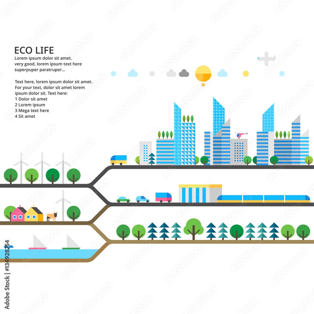 Abstract illustrations - Ecologically clean nature, the modern city and ...
