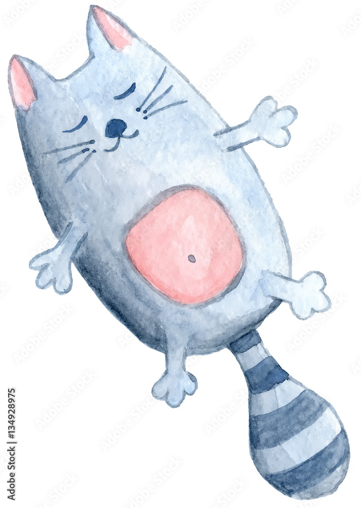 Watercolor cat, hand-drawn cartoon illustration Stock Illustration ...