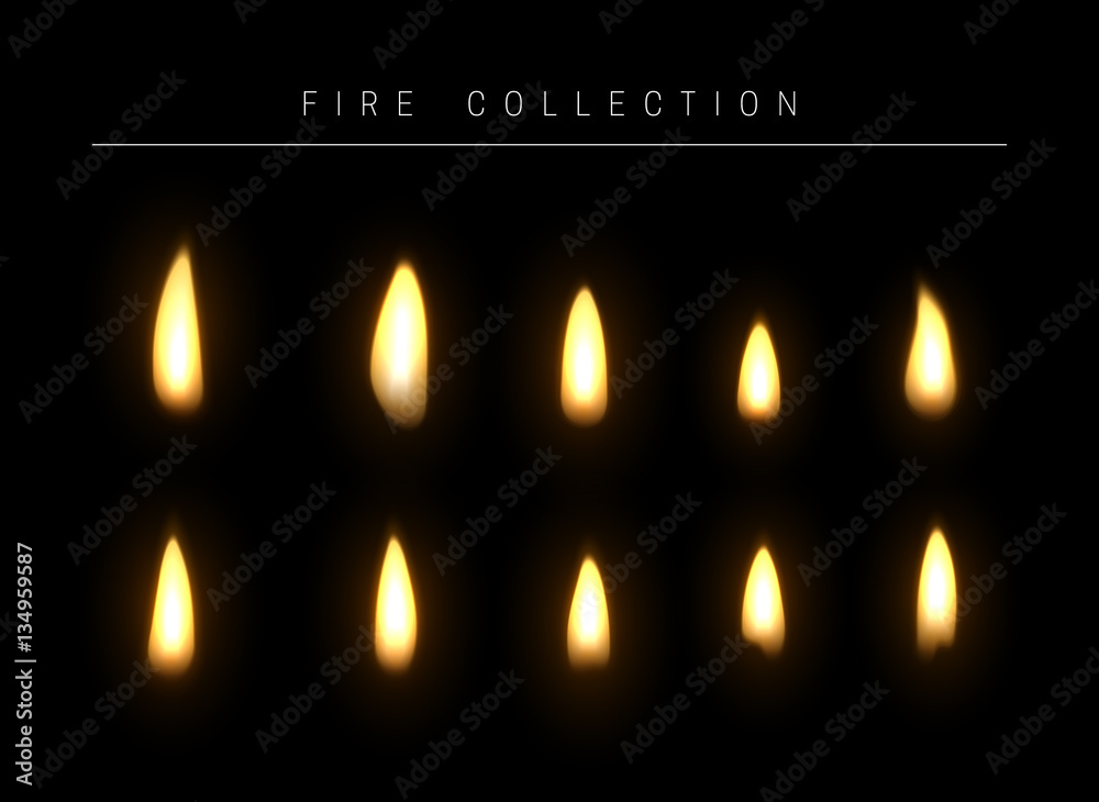 Realistic fire flame isolated light effect. Open yellow fire gas ...