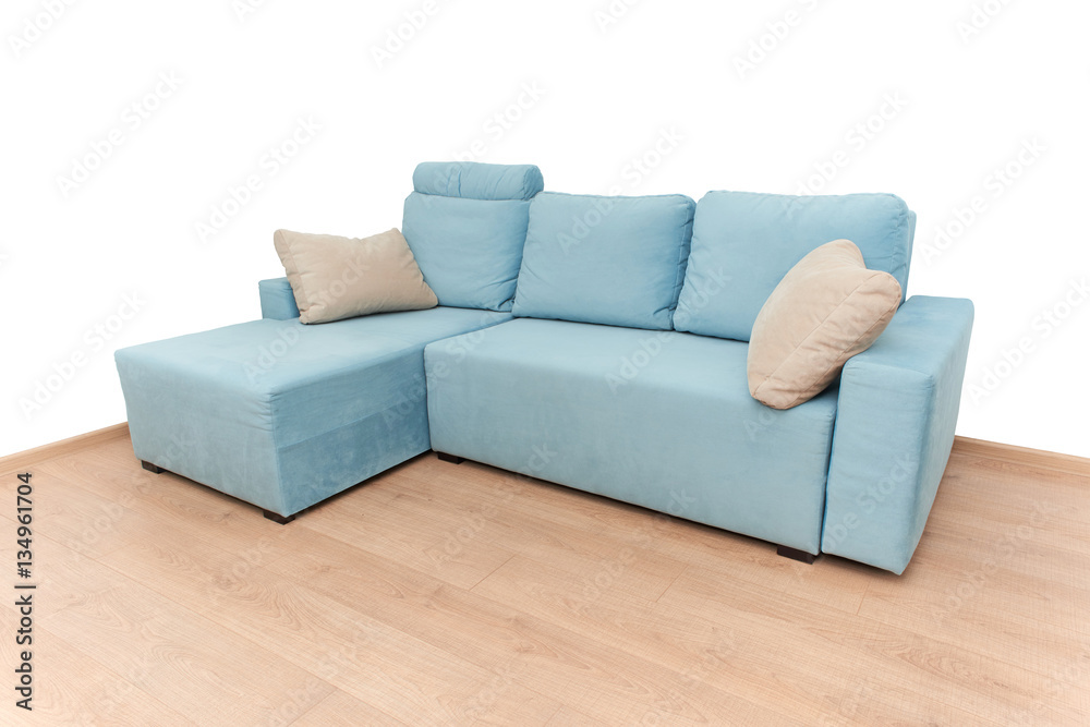 Blue modern couch sofa isolated on white background with floor Stock ...