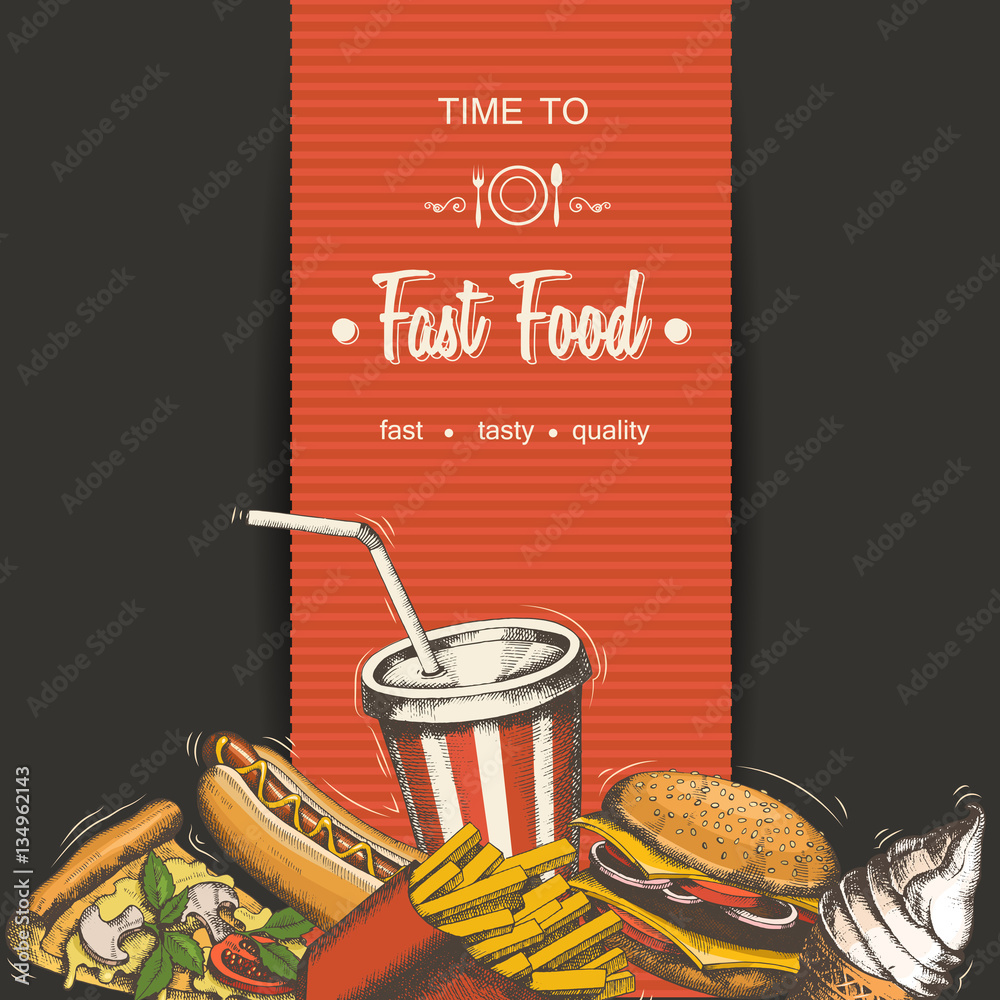 Set of hand-drawn fast food menu. Background with food for advertising ...
