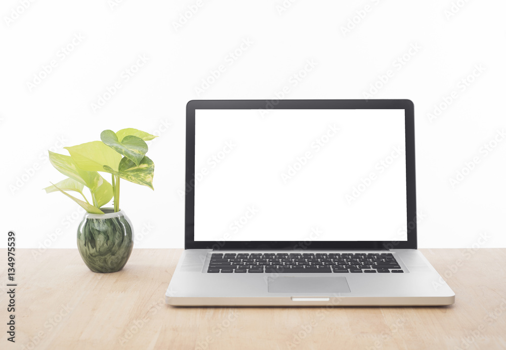 workplace with modern computer white screen on desk office. Stock Photo ...