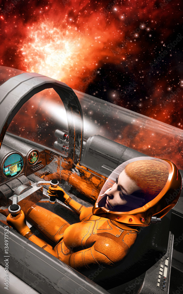 Space pilot woman inside spaceship cockpit Stock Illustration | Adobe Stock
