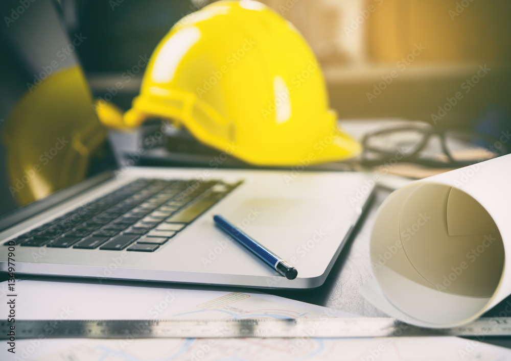 construction office desk with computer and tools Stock Photo | Adobe Stock