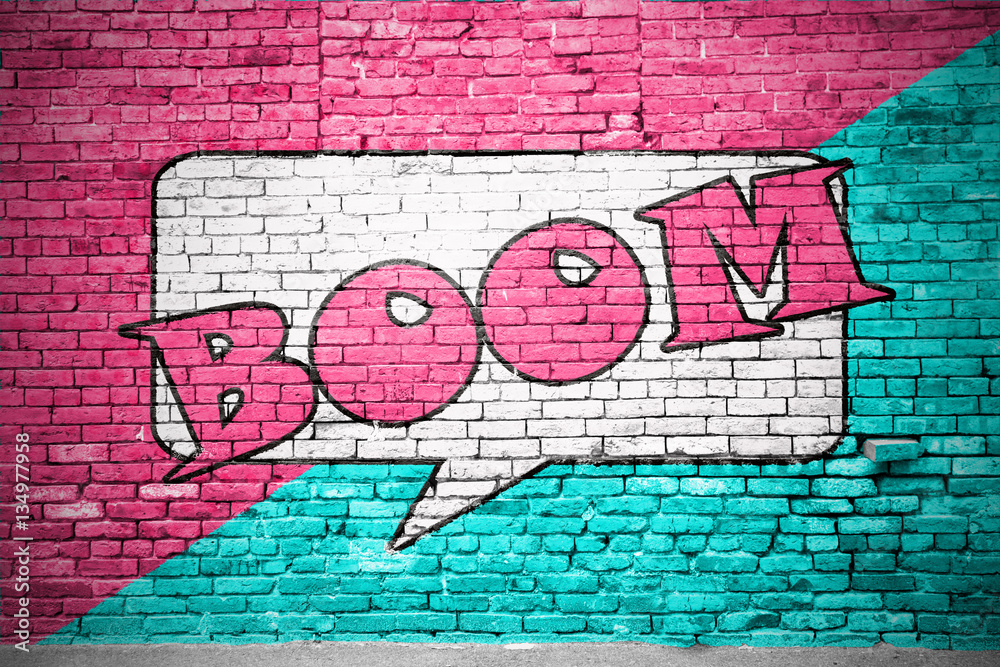 Boom Comic Ziegelsteinmauer Graffiti Stock-Illustration | Adobe Stock