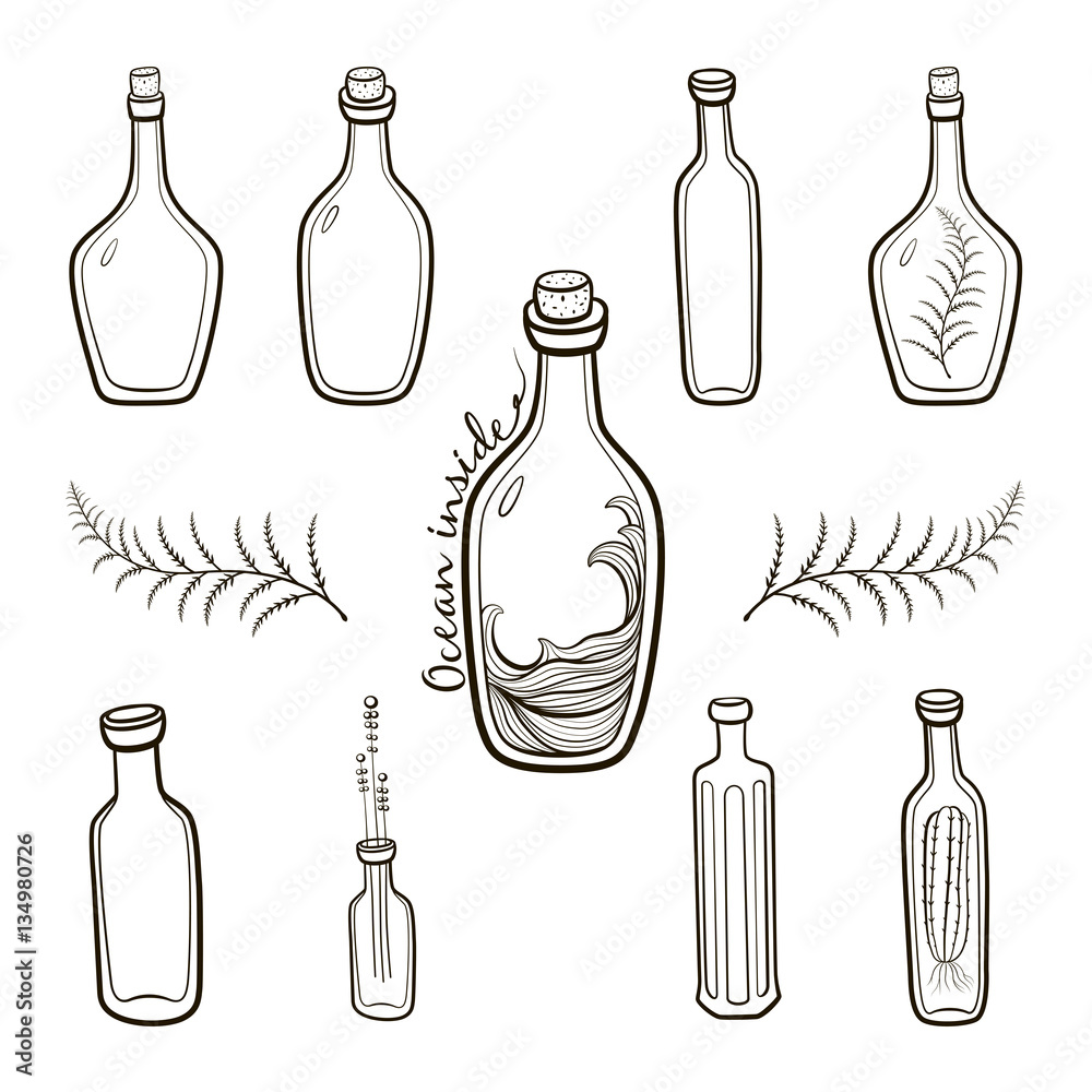 Old fashioned vintage bottles set. Hand drawing countour illustration ...