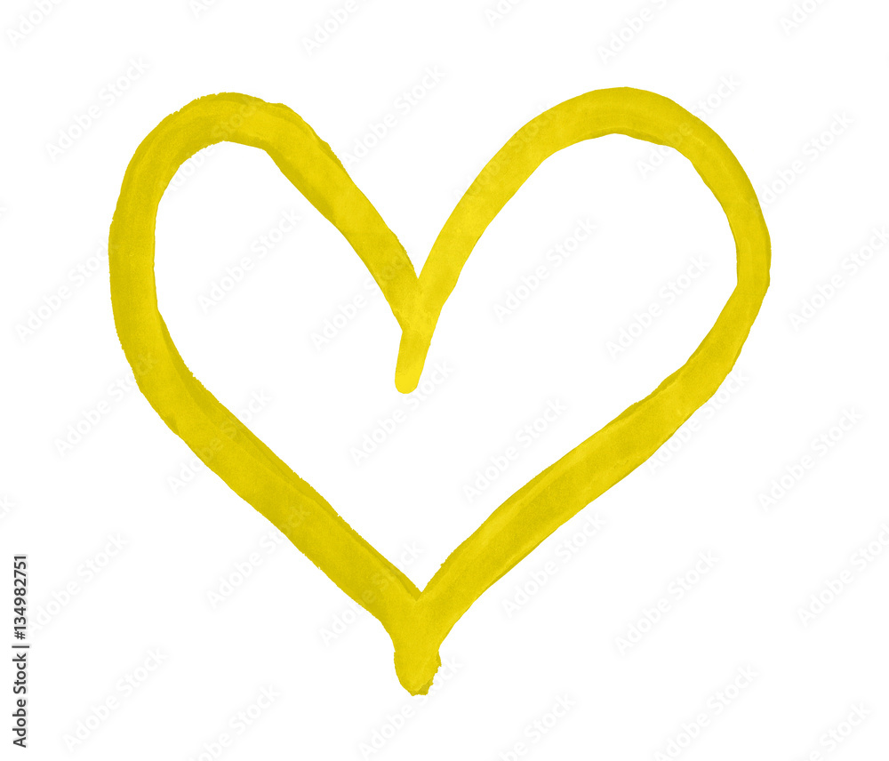 The outline of the yellow heart drawn with paint on white background ...