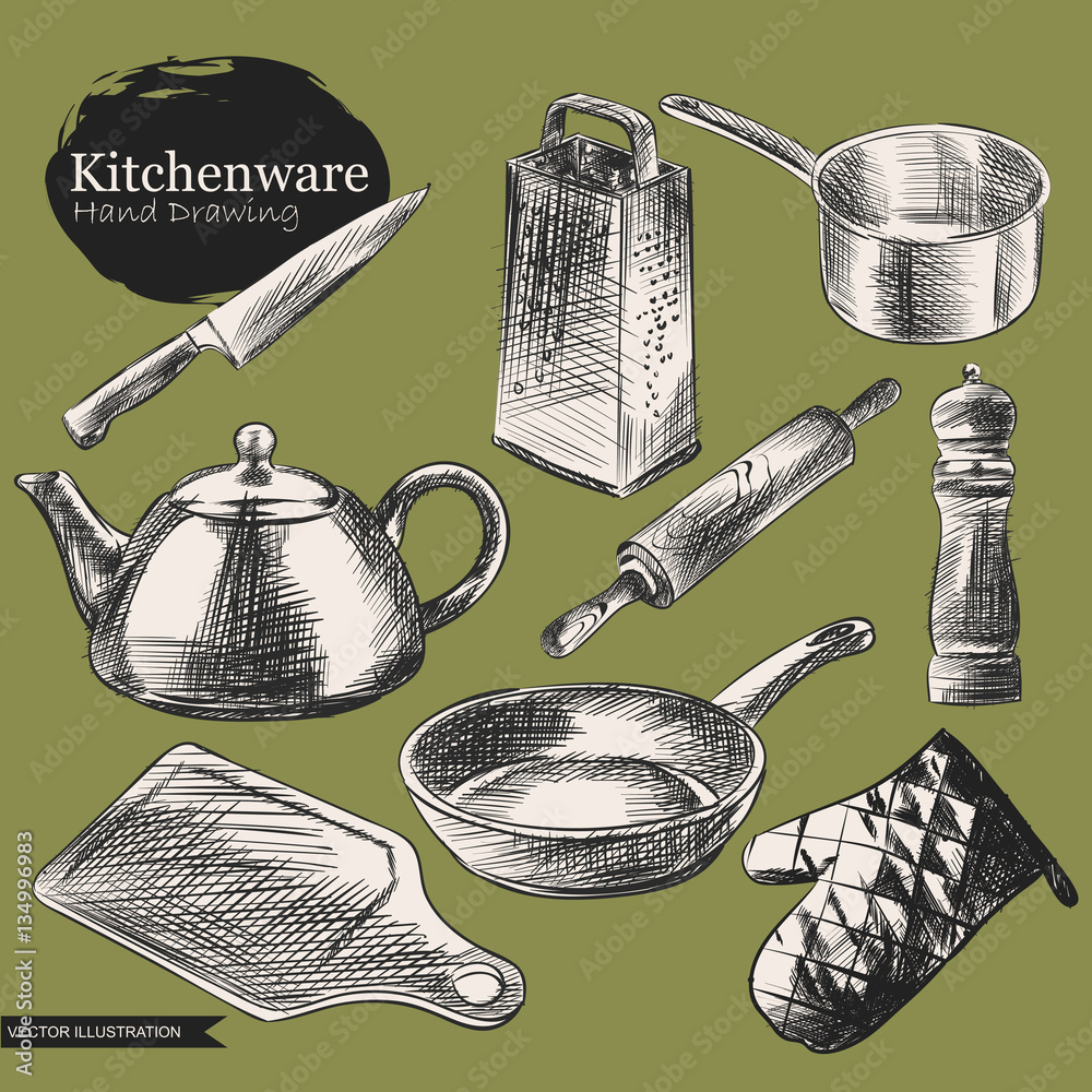 Set of hand drawn kitchenware isolated on green background. Kitchenware ...