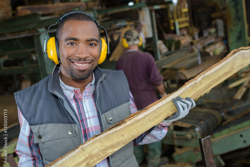 Portrait of man in woodyard holding stake of wood Stock Photo | Adobe Stock