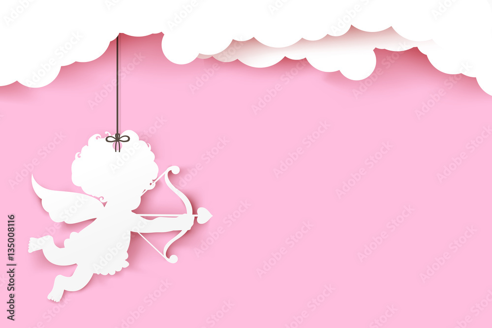 Poster Cupid holding arrow with shadow on pink background with copyspac ...