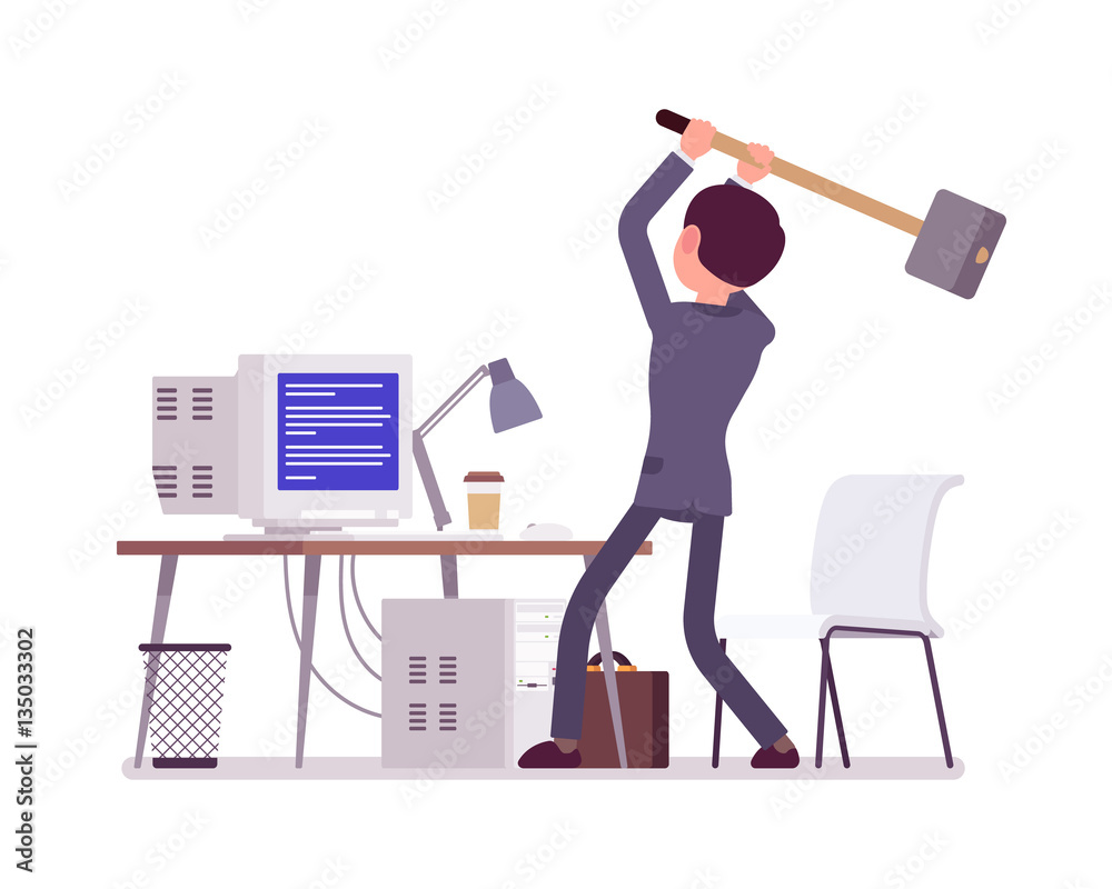 Man about to crash computer with Blue Screen of Death Stock Vector ...
