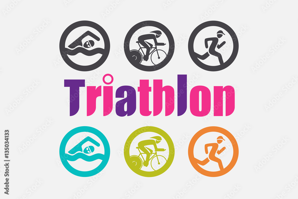 Triathlon graphic symbol. Triathletes are swimming running and cycling ...