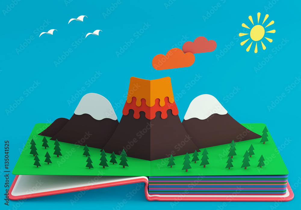 Pop Up Book With Mountainous Landscape And Active Volcano. 3D Rendering ...