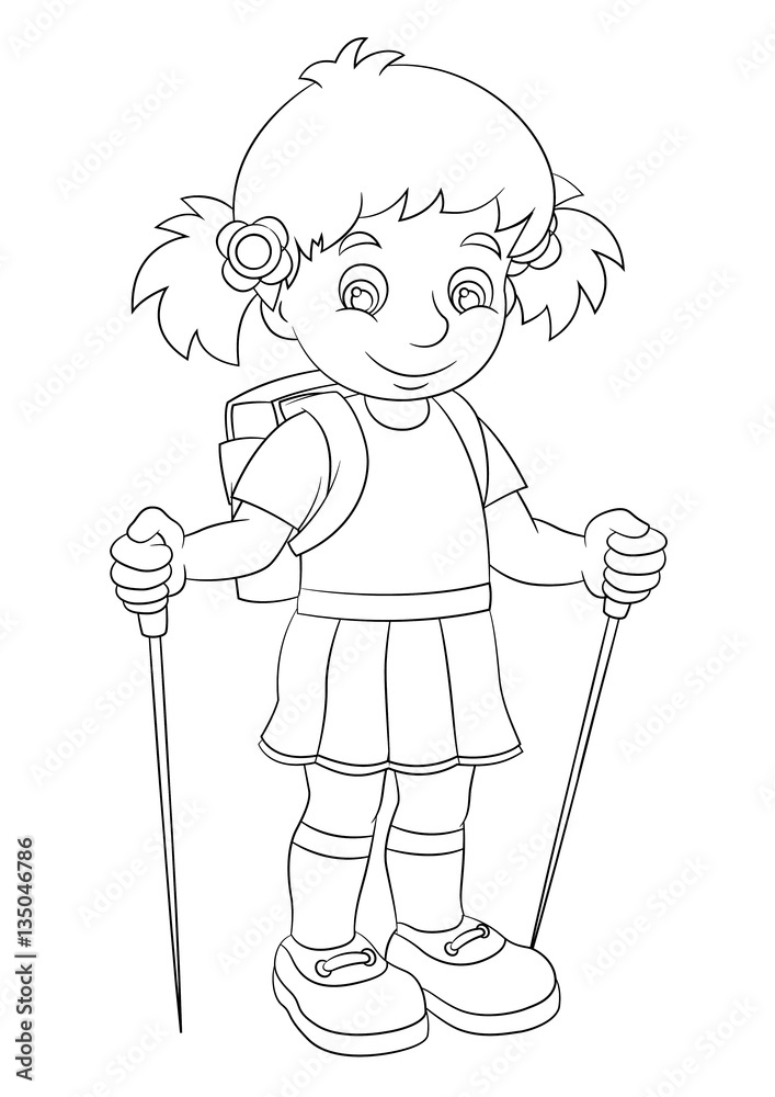 Cartoon girl sitting and smiling - coloring page - illustration for ...