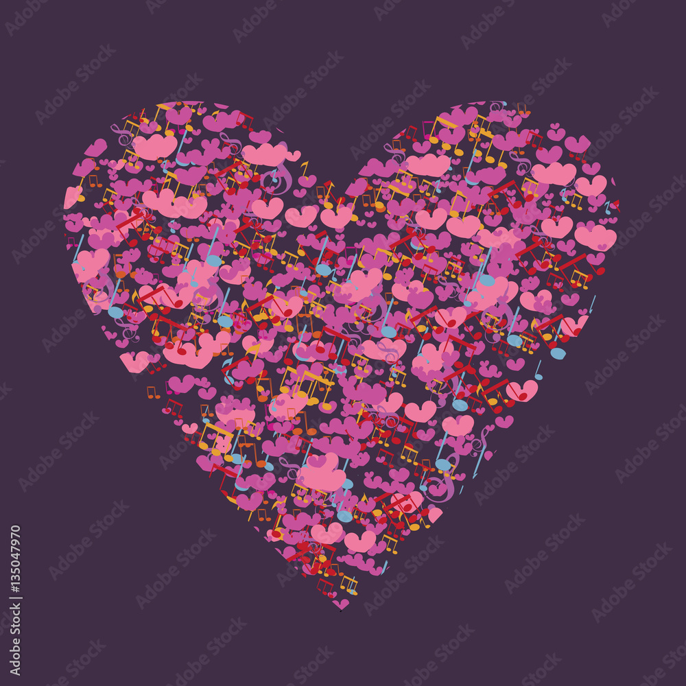 Heart background of musical notes and little hearts.Template Valentine ...