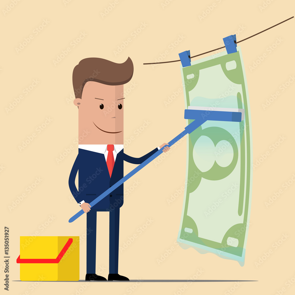 businessman washes money mop. concept of illegal money laundering ...