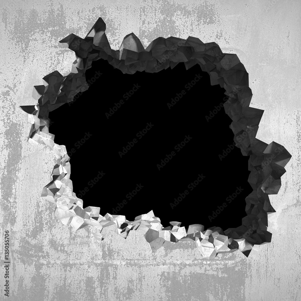 Explosion hole in concrete cracked wall. Industrial background Stock ...