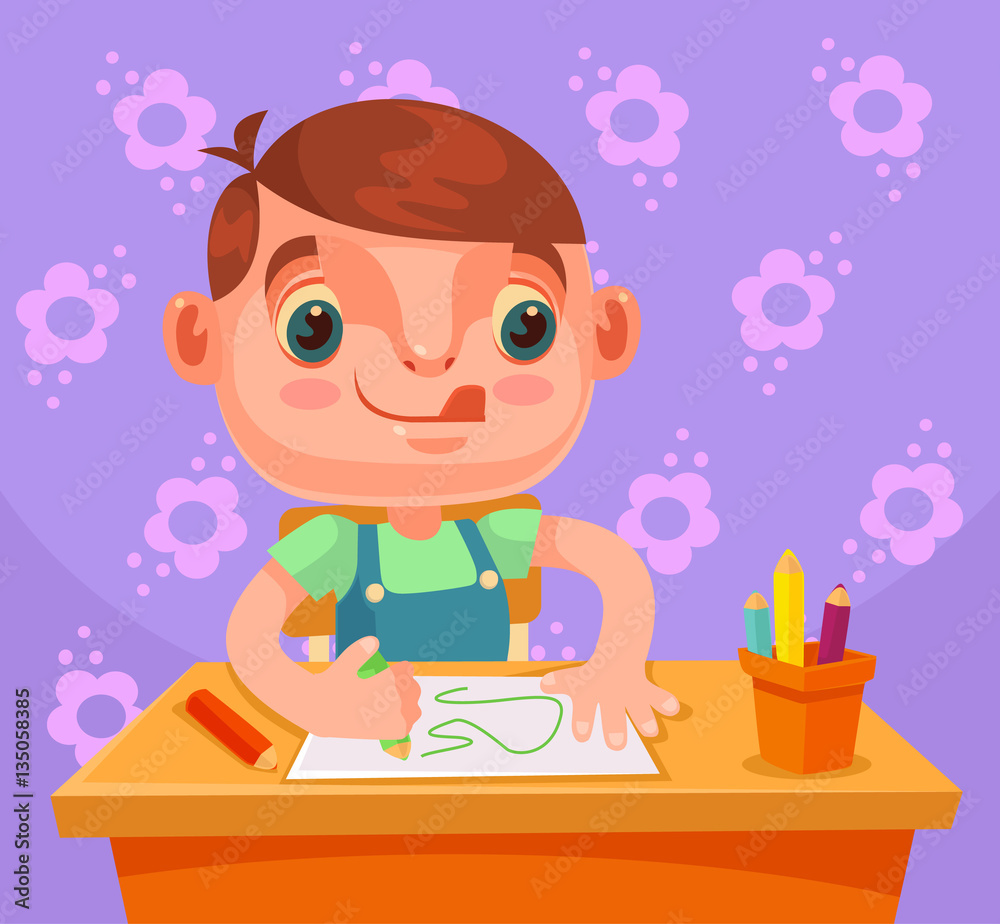 Little boy character draws picture and do homework. Vector flat cartoon ...
