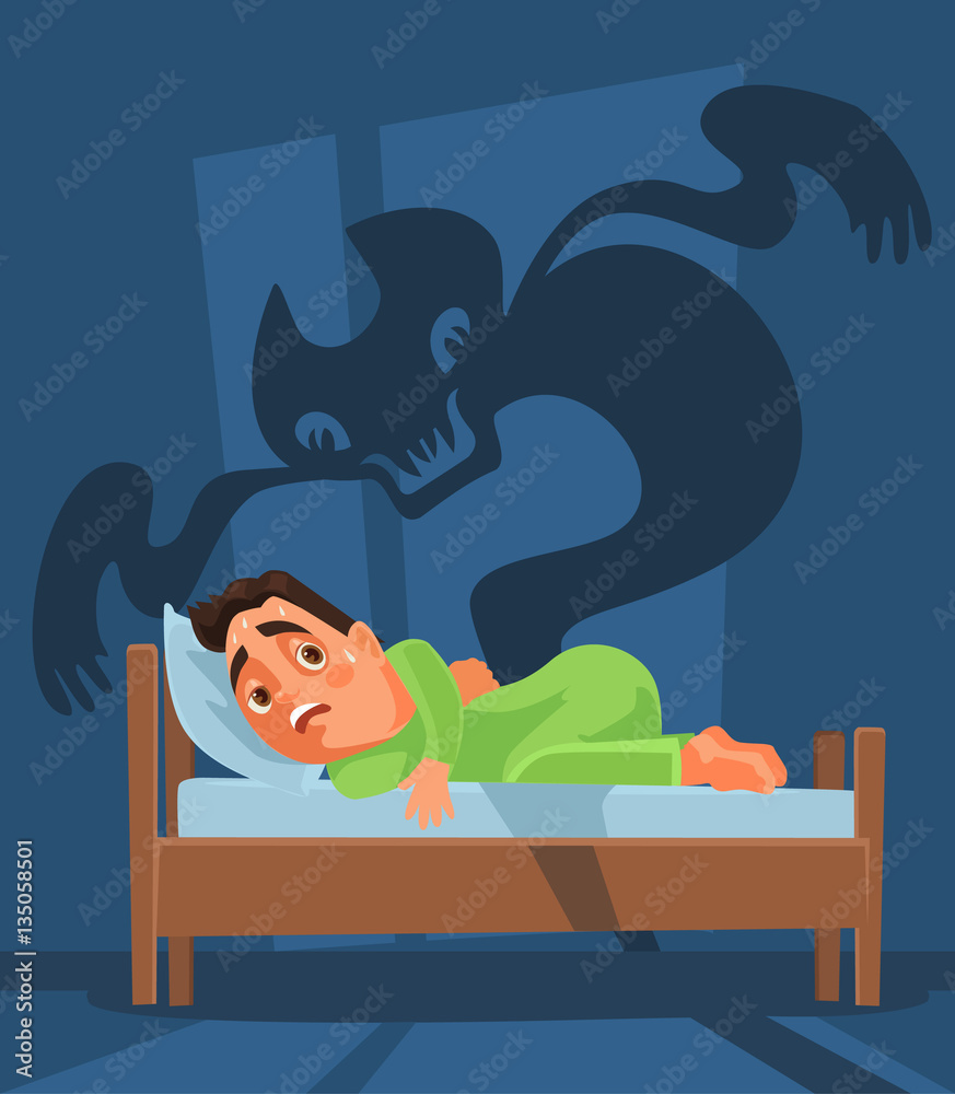 Frightened man character woke up and nightmare ghost. Vector flat ...