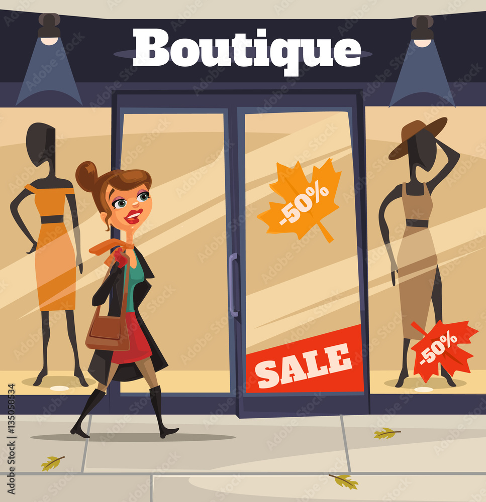 Woman character looking at shop window. Vector flat cartoon ...