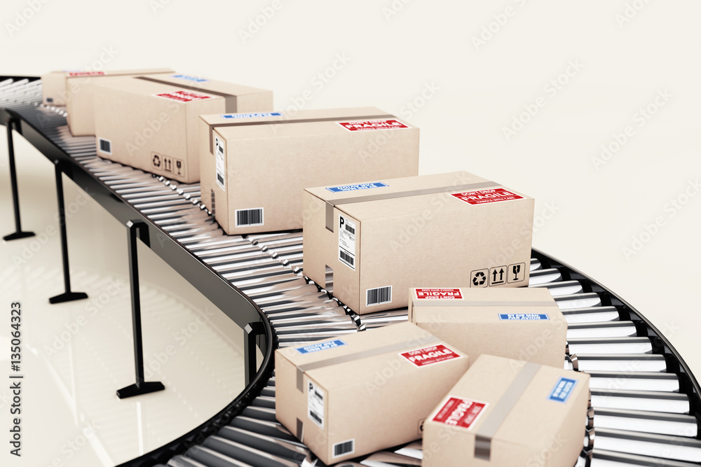 Parcels Transportation System Concept. Cardboard Boxes on Convey Stock ...
