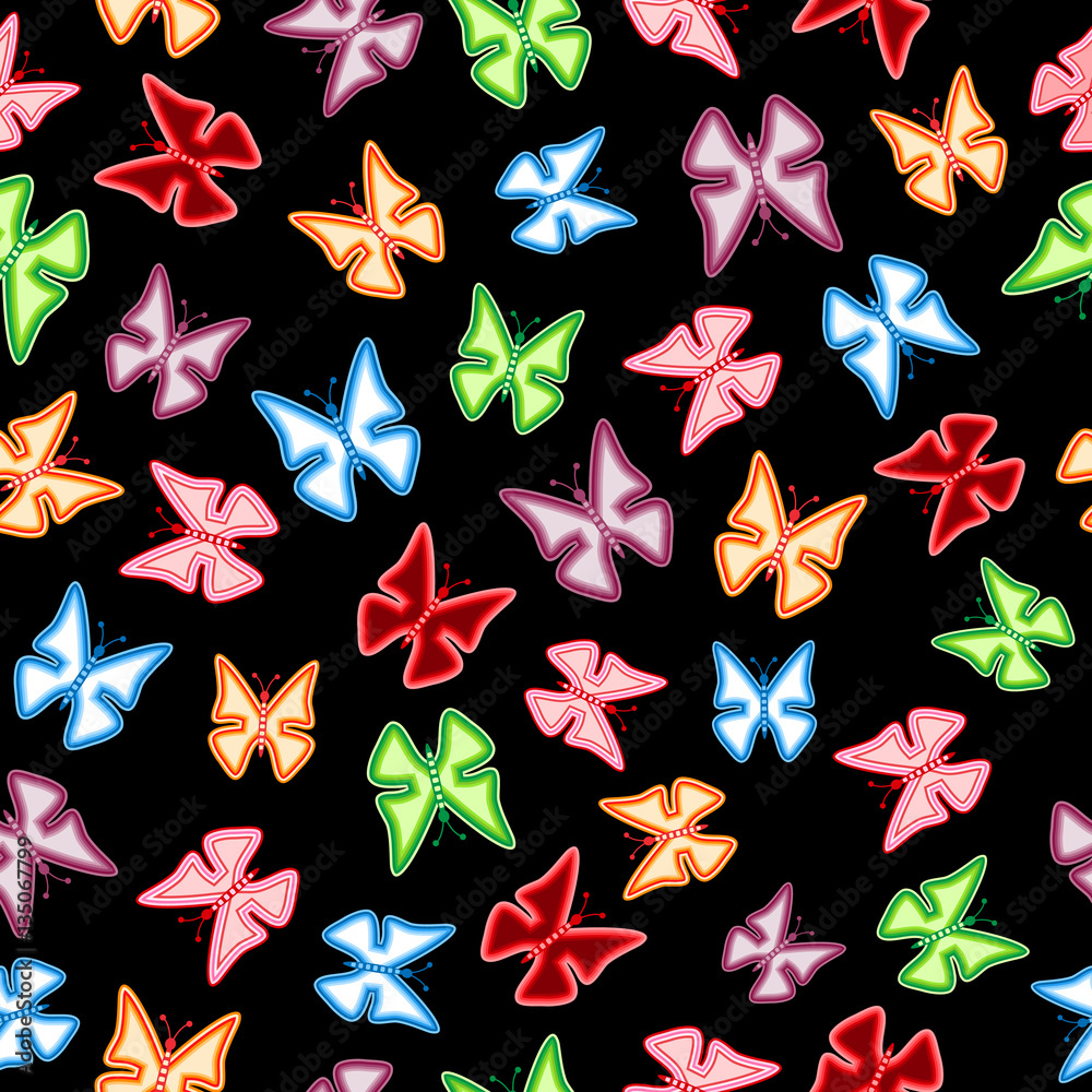 Colorful butterflies on a black background. Seamless pattern. Vector ...